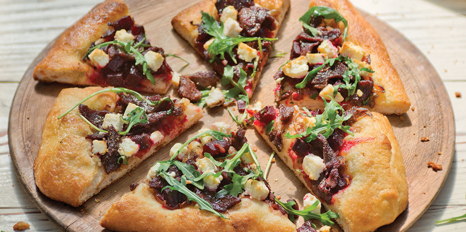 K-ROO Kangaroo, Caramelised Onion, Beetroot, Feta & Rocket Pizza